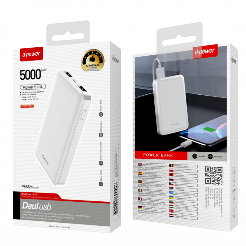 Buy Power Bank 5000mAh D-power P8582 White - Portable & Reliable ...